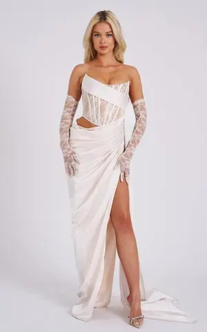 MISS CIRCLE NEW YORK Calliee High Slit Draped Satin Corset Gown - White