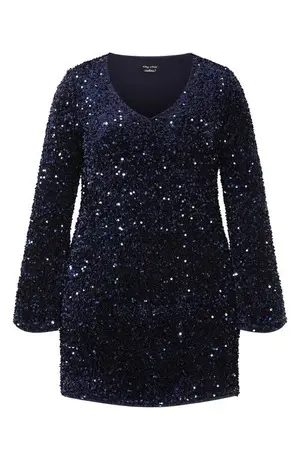 City Chic Paislee Sequin Long Sleeve Dress - Navy