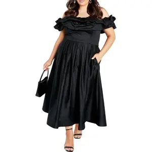 City Chic Off-the-shoulder Satin Midi Dress