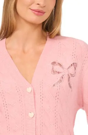 CECE DUPRAZ Pointelle Stitch Lace Bow Cardigan
