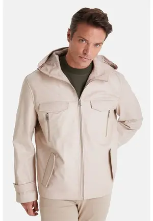FURNIQ UK Leather Jacket With Attached Hood - Beige