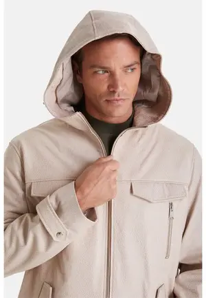 FURNIQ UK Leather Jacket With Attached Hood - Beige