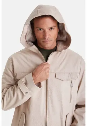 FURNIQ UK Leather Jacket With Attached Hood - Beige