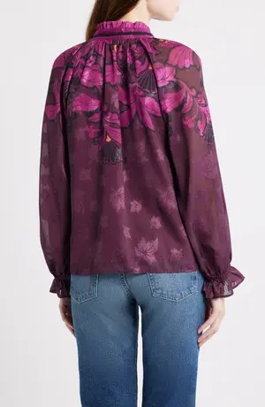 CIEBON Leaf Print Tie Neck Top