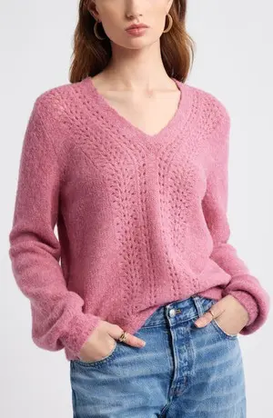 Treasure & Bond Oversized Pointelle V-neck Sweater - Pink Haze