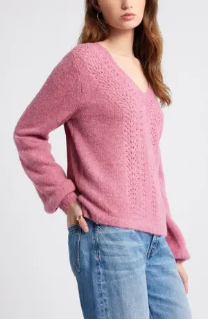 Treasure & Bond Oversized Pointelle V-neck Sweater - Pink Haze
