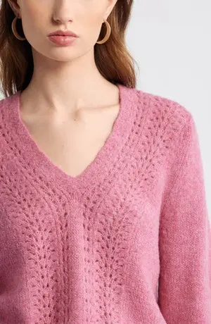 Treasure & Bond Oversized Pointelle V-neck Sweater - Pink Haze