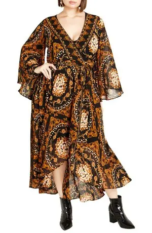 City Chic Paris Long Sleeve Faux Wrap Maxi Dress - Print