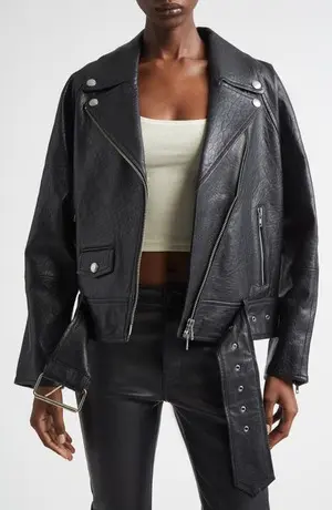 STAND STUDIO Romy Belted Leather Biker Jacket - Black