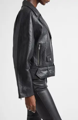 STAND STUDIO Romy Belted Leather Biker Jacket - Black