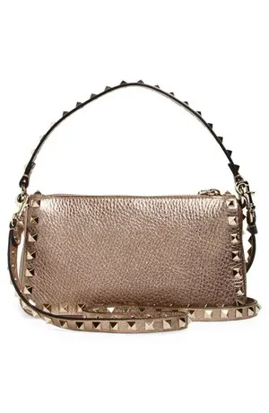 Valentino Garavani Small Rockstud Grained Metallic Leather Shoulder Bag