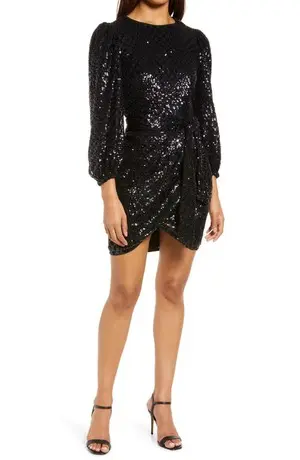 Halogen Sequin Tie Long Sleeve Minidress - Black