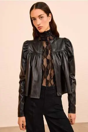 Ulla Johnson Leather Zip Up Jacket With Puffed Sleeves - Noir