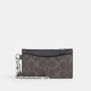 COACH Zip Card Case With Chain In Signature Canvas - Grey Signature