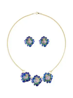 SUSAN CAPLAN 1980s Cloisonné Lotus Flower Necklace And Earrings Set - Gold