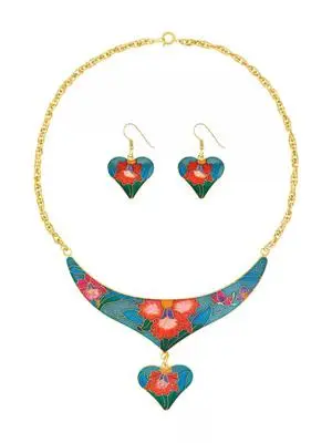 SUSAN CAPLAN 1980s Heart-charm Cloisonné Necklace And Earrings Set - Gold