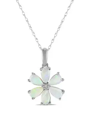 LB EXCLUSIVE 14kt White Gold Diamond And Opal Flower Pendant Necklace - Silver