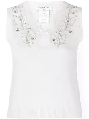 Dior 2000s Floral-embroidered Knitted Top - Neutrals
