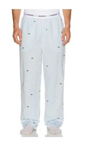 Lacoste Printed Striped Cotton Pajama Bottoms In Blue - Panorama  White  & Green