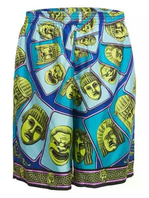 Versace Mask-Motif Silk Shorts Blue