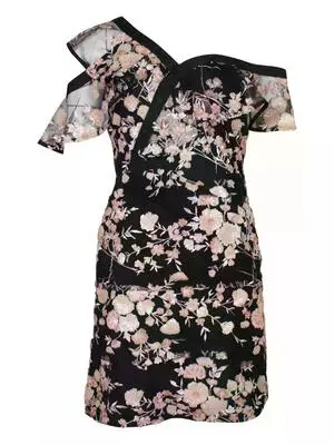 SELF-PORTRAIT Floral Embroidered Asymmetric Sleeve Mini Dress - Black