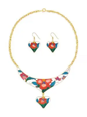 SUSAN CAPLAN 1980s Heart-charm Cloisonné Necklace And Earrings Set - Gold