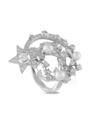 Chanel 18k White Gold Comete Diamond Pearl Ring