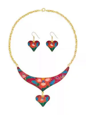 SUSAN CAPLAN 1980s Cloisonné Heart Necklace And Earrings Set - Gold