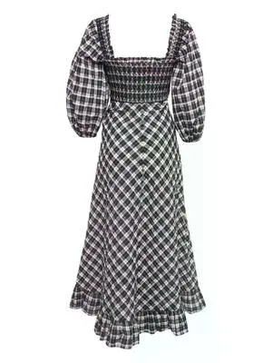 GANNI Smocked Plaid Midi Dress