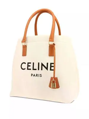 Celine Logo Print Leather Trimmed Tote Bag