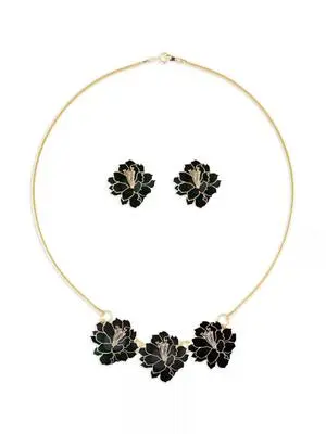SUSAN CAPLAN 1980s Cloisonné Flower Necklace And Earrings Set - Gold
