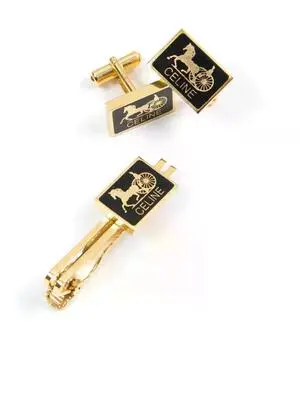 Celine 1980s Horsebit Tie Clip And Cufflinks Set - Black