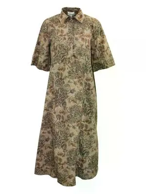GANNI Floral Print Cotton Shirt Dress - Brown