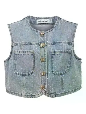 SELF-PORTRAIT Rhinestone Button-up Denim Top
