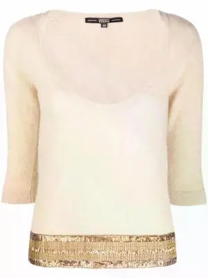 Gianfranco Ferre 1990s Sequin-embellished Plunging Neck Knitted Top - Neutrals