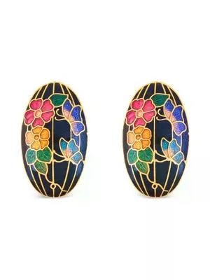 SUSAN CAPLAN 1980s Floral-motif Cloisonné Clip-on Earrings - Gold
