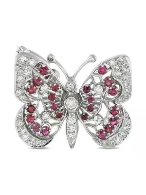 LB EXCLUSIVE 14k White Gold Butterfly Diamond And Ruby Brooch - Silver