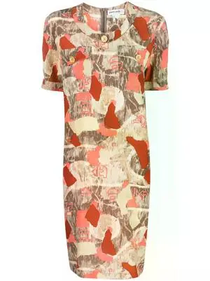 Pierre Cardin 1980s Abstract Print Silk Dress - Brown