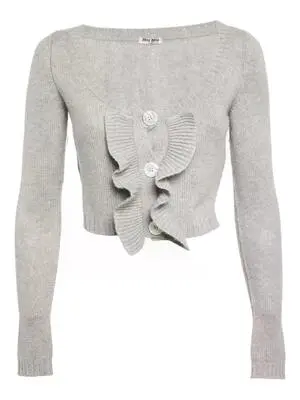Miu Miu Ruffled Ribbed-knit Cardigan - Grey