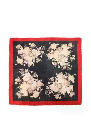 Saint Laurent 1990s Floral-print Fringed Scarf - Black