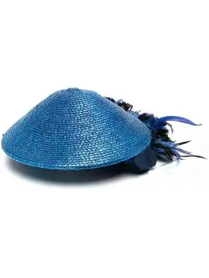 Saint Laurent Pre-owned 1970s Feather-detailing Woven Hat - Blue