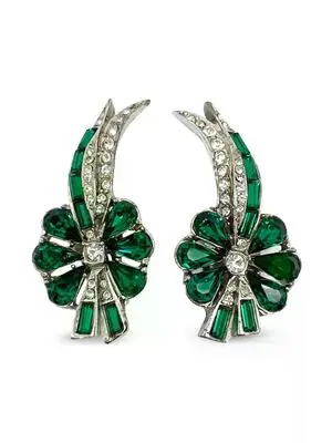 JENNIFER GIBSON JEWELLERY 1950s Emerald Paste Floral Clip-on Earrings - Silver