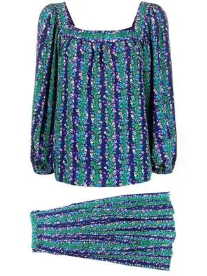 Saint Laurent 1970s Floral-print Silk Blouse And Skirt Set - Blue