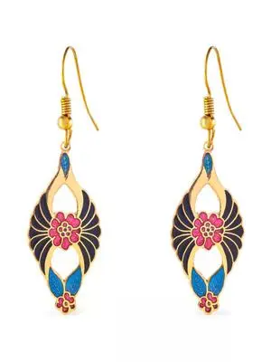 SUSAN CAPLAN 1980s Cloisonné Floral Drop Earrings - Gold