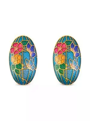 SUSAN CAPLAN 1980s Floral Cloisonné Clip-on Earrings - Gold