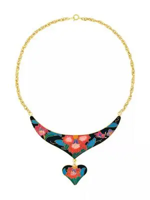 SUSAN CAPLAN 1980s Cloisonné Floral Necklace - Gold