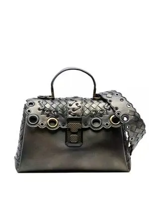 Bottega Veneta Small Intrecciato Trimmed Metallic Nappa Grommet Piazza Satchel - Brown