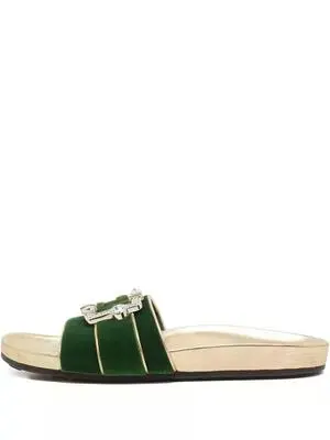 Prada Crystal-buckle Velvet Flat Sandals - Green