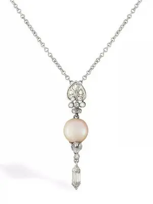 PRAGNELL Platinum Edwardian Pearl And Diamond Pendant Necklace - Silver