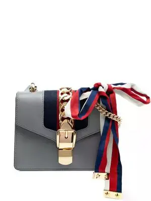 Gucci Mini Leather Web Sylvie Chain Crossbody Bag - Grey